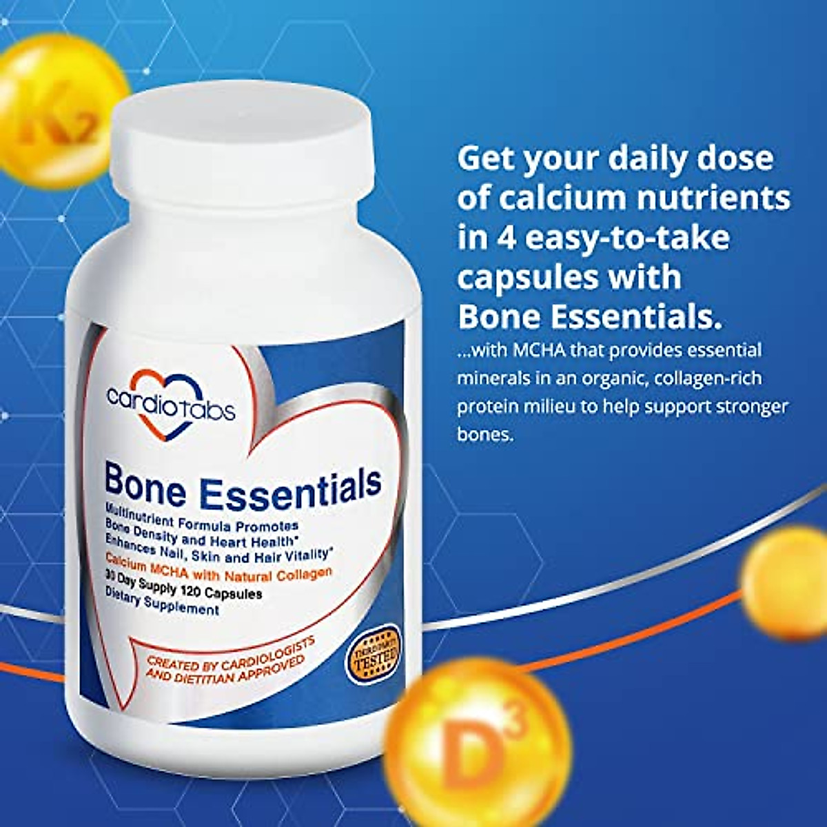 Cardiotabs Bone Essentials with MCHA & Collagen, Calcium Supplement w/ Calcium Hydroxyapatite for High Absorption, Bone Density and Heart Supplement w/ Vitamins, Minerals & Proteins, 120 Capsules