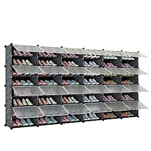 KOUSI 6 x 8-Tier Shoe Rack Shoe Tower Storage Cabinet Shoe Organizer Storage Organizer Modular Shoe Cabinet with Doors, Black