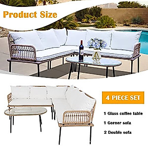 Homsido 4 Pieces Patio Sectional Furniture Set Boho Rope Porch Water-Resistant Outdoor Indoor Wicker Corner Sectional Sofa Beige Woven PE Rattan Conversation Chat Set with Rect Coffee Table