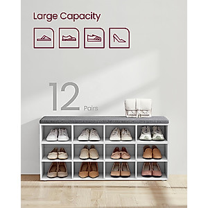 VASAGLE Shoe Bench with Cushion, Storage Bench with Padded Seat, Entryway Bench with 12 Compartments, for Bedroom, 11.9 x 40.9 x 18.9 Inches, Cloud White and Dove Gray ULHS012W14