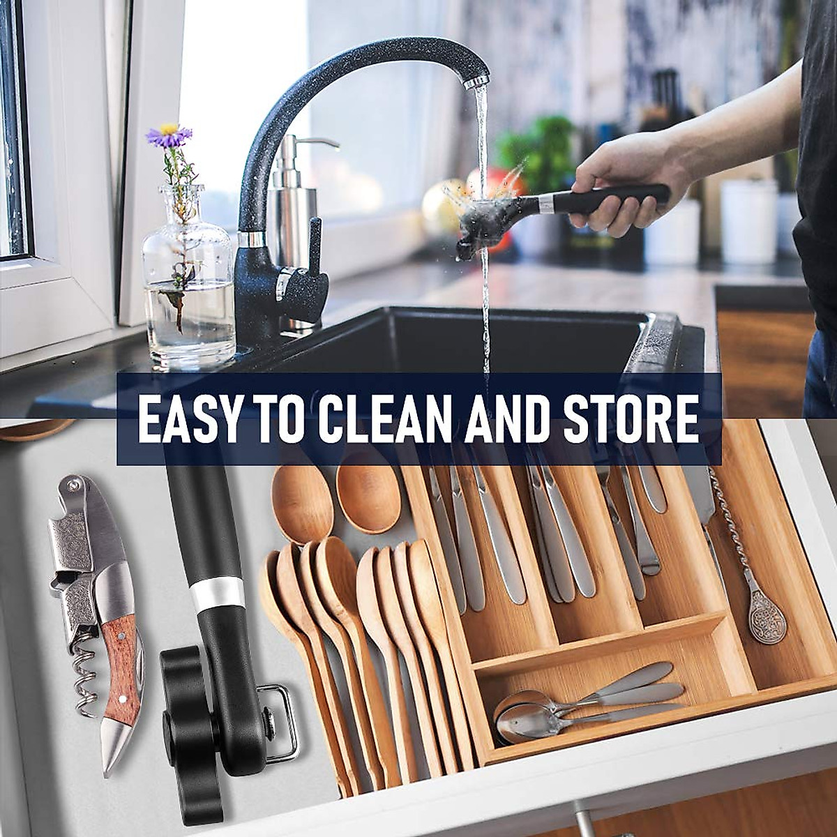 Can Opener，Safe Cut Manual Can Opener ，Ergonomic with Anti Slip Grip Handle，with Corkscrew Opener--Easy Turn Knob，Ideal for Seniors and Arthritis--Apply to Various cans