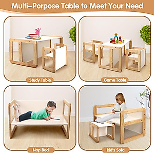 wingyz Kids Table and Chair Set, 3 in 1 Wooden Activity Table for Toddlers Play Study Dining Drawing Arts Crafts, Multi-Purpose Montessori Childrens Table and Chair Set Gifts for Boys and Girls