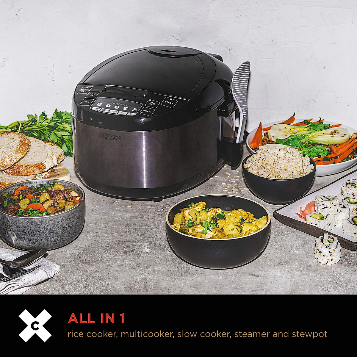 Crux 12 Cup Non-Induction Rice Cooker, Multi-Cooker, Food Steamer, Slow Cooker, Stewpot, Easy One-Pot Healthy Meals, Dishwater Safe, Non-Stick Bowl, Black, one size