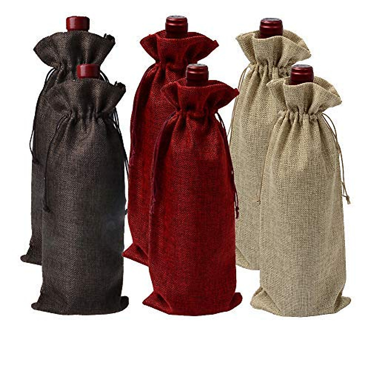 Bozoa Jute Wine Bags - (6Pcs) Burlap Hessian Wine Bottle Bags with Drawstring 14 x 5.9 inches Reusable Gift Red Wine Bags for Dinner Party Wedding Birthday Favor(red/brown/linen color)
