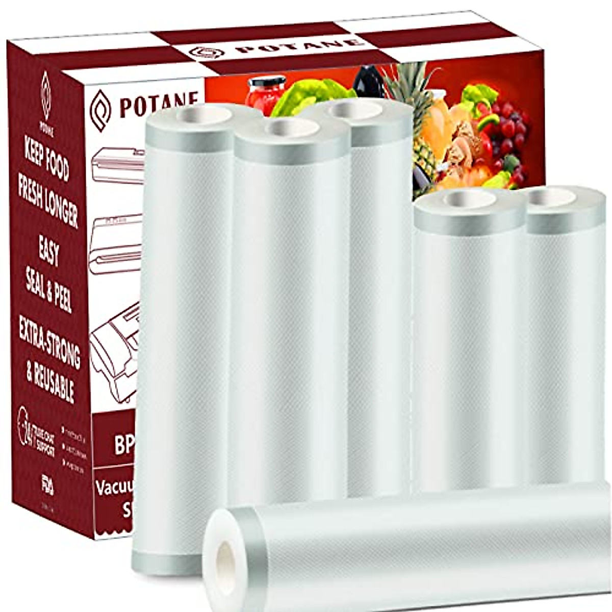 POTANE 6 Pack 11"x20'(3Rolls) and 8"x20' (3Rolls)Thickened Vacuum Sealer Bags , Smell-Proof, Puncture Prevention, Heavy duty for POTANE, Food Saver, Seal a Meal, Weston. Commercial Grade, BPA Free, Great for Vacuum storage,Meal Prep or Sous Vide