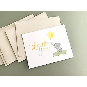 Palmer Street Press Baby Shower Thank You Cards (Set of 10 Cards + Envelopes) - Watercolor Elephant & Balloon (Yellow)
