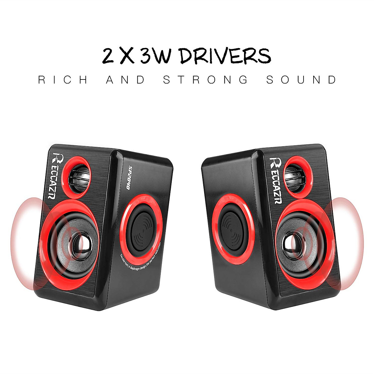 Computer Speakers, 2.0 CH PC Speakers with Surround Sound, USB Wired Laptop Speakers with Deep Bass for Desktop Computer/PC/Laptops/Smart Phone Build-in 4 Loudspeaker Diaphragm Reccazr SP2040|RED