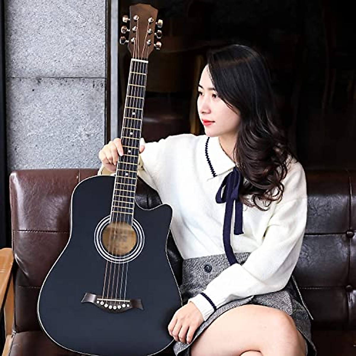 MUWIZ Guitar Kit, String Instrument Electronic Guitar 38 Inches 6 String D Shaped Neck Edging Missing Corner Veneer Male Lady Ballad Wood Guitar (Color : White, Size : 38 inches)