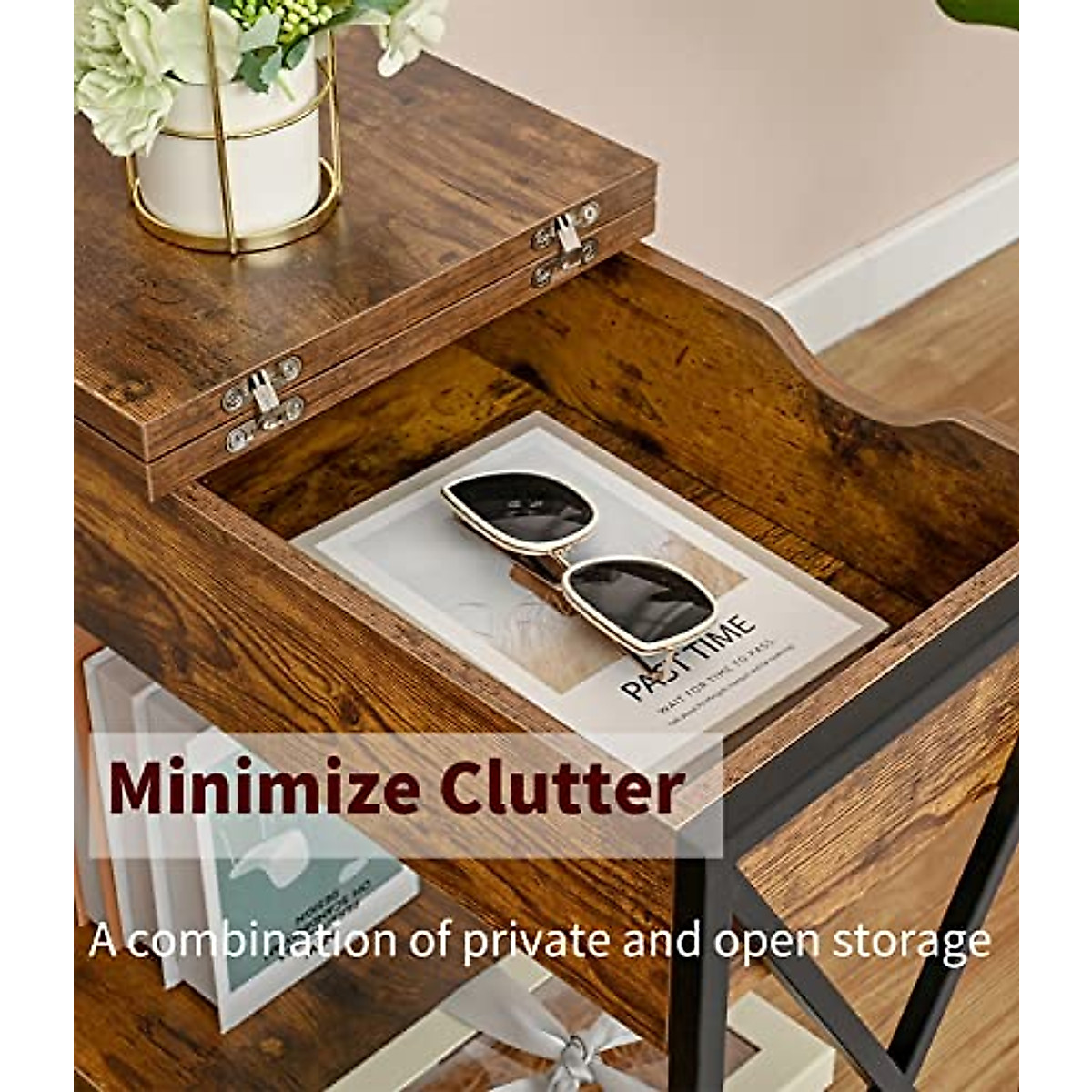 WEENFON Side Table Set of 2, End Tables with Storage, 2 Tier Sofa Table for Small Space, Flip Top Narrow Nightstand, Bedside Tables, X-Shaped Enhanced Legs, Tall Couch Table for Living Room, Bedroom