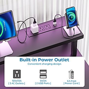 GreenForest Gaming Desk 47 Inch with LED Lights and Monitor Stand, Computer Desk with Drawer for Small Spaces, Office Desk with Power Outlets and Shelf, Black