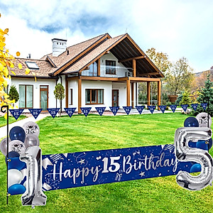 15th Birthday Decorations for Boys and Girls Blue, Happy 15th Birthday Backdrop Banner Balloons 15 Years Old Party Supplies with HAPPY BIRTHDAY Banner Silver 15 Birthday Decor 15th Bday Women Her Him