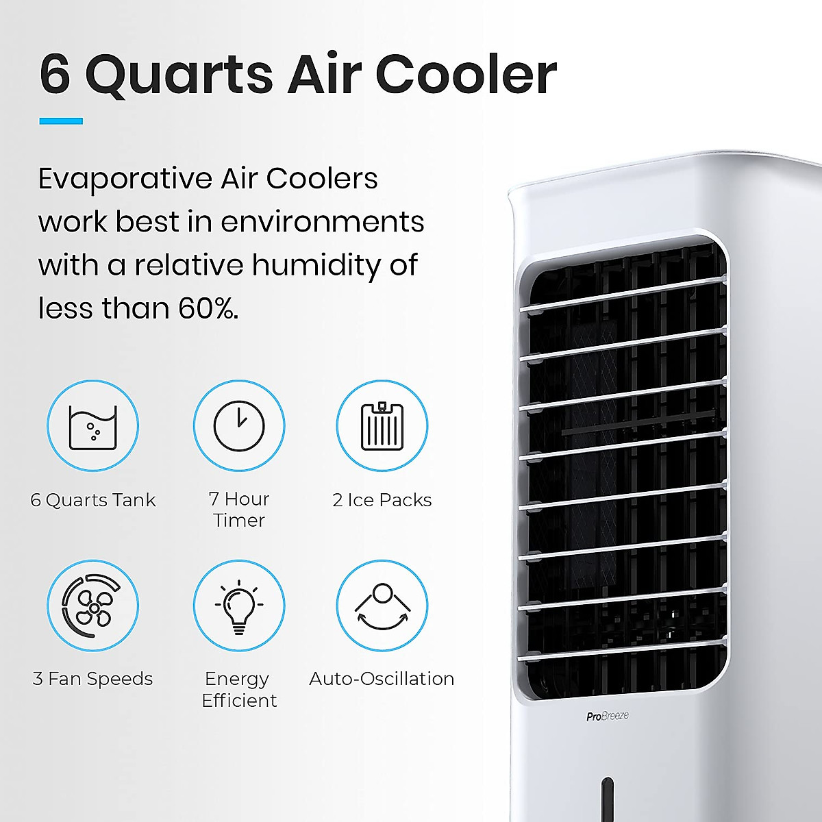 Pro Breeze Evaporative Air Cooler For Room Cooling Fan - 3-in-1 Air Cooler Portable with 6 QTS Tank, 70° Oscillation & 7hr Timer - Portable Swamp Cooler with Remote Control