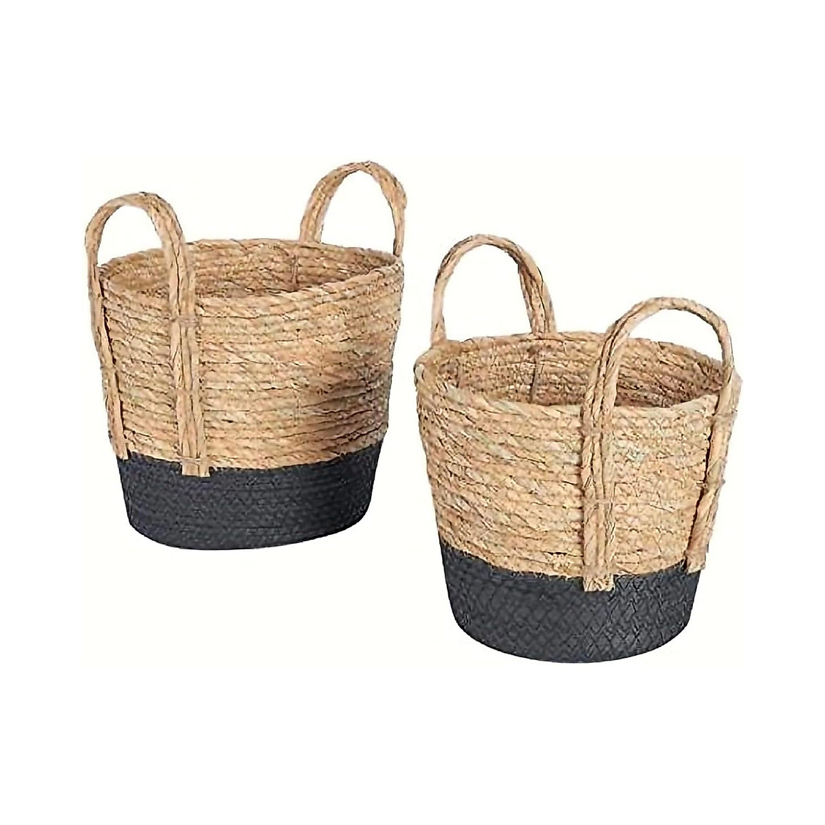 Generic Set of 2 Jute Cylinder Baskets with Handles, 12 x 12 and 8 x 8 inches, Beige and Black, 78654