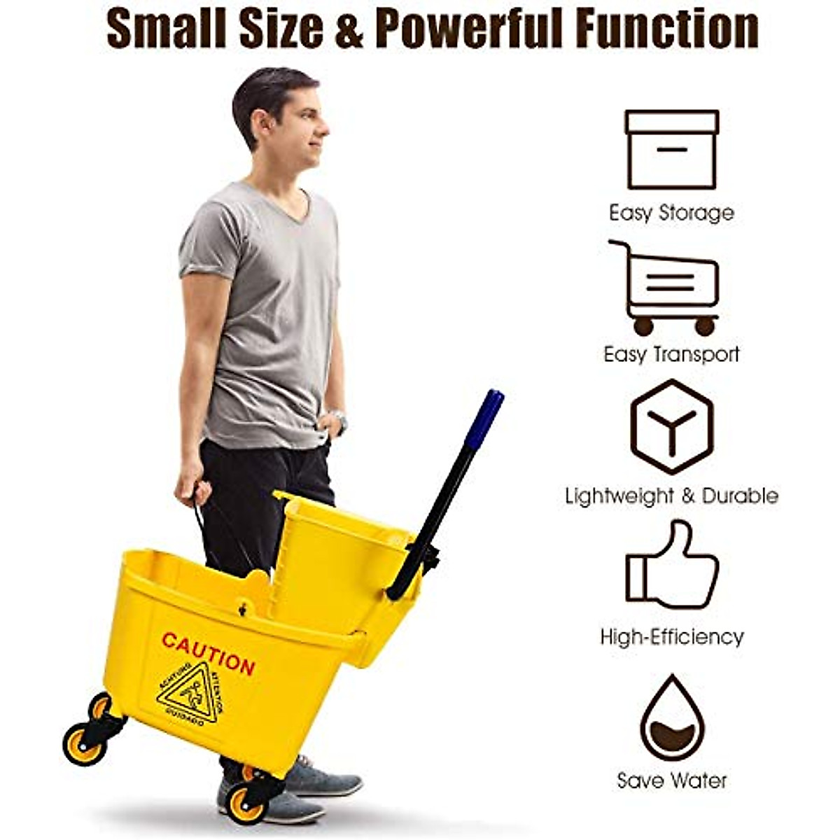Byroce Commercial Mop Bucket, 26 Quart Capacity, Side Press Cleaning Wringer, Portable Trolley On Wheels, All-in-One Tandem Floor Cleaning Wavebrake, Ideal for Household, Commercial, Restaurant