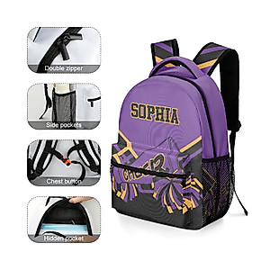 CUXWEOT Cheer Cheerleader Purple Gold Backpack Personalized Book Bag Sport Casual Hiking Camping Pack with Name