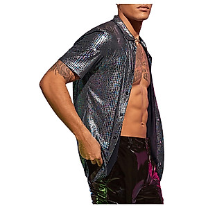 WDIRARA Men's 70s Sparkly Disco Top Crocodile Pattern Metallic Rave Button Front Shirt Short Sleeve Party T Shirt