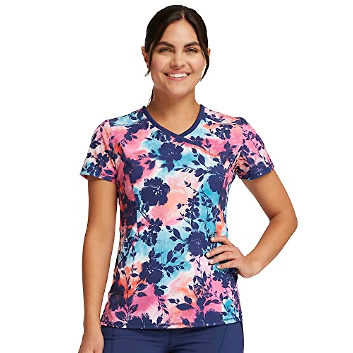 Cherokee Infinity Women Scrubs Top Mock Wrap CK608, XL, Artistic Blooms