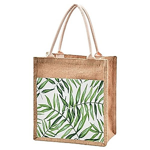 Jute Burlap Tote Bag Tropical Palm Leaves Exotic Watercolor Summer Green Large Capacity Reusable Grocery Shopping Storage Bag