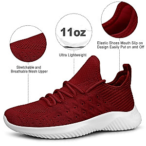 Feethit Womens Slip On Walking Shoes Non Slip Running Shoes Breathable Workout Shoes Lightweight Gym Sneakers Burgundy Size 9