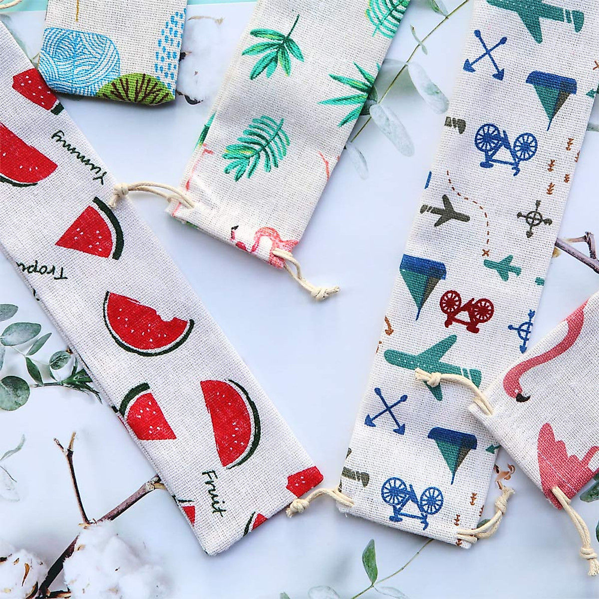 Winterworm Set of 20 Reusable Cutlery Bag Straw Carrying Case 10x2.4 Inch Travel Pouch with Drawstring Linen Straws Knife Fork Spoon Chopsticks Pen Carrying Case Bag