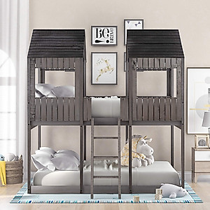 HABUHOME Full Over Full House Bunk Bed with Roof, Wood House Bunk Bed with Window, Guardrail, Ladder for Kids, Teens, Girls, Boys,Gray