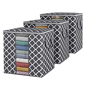 Fixwal Large Blanket Clothes Organization 100L 3 Pack Storage Containers Foldable Organizer with Reinforced Handle for Comforters Bedding Grey