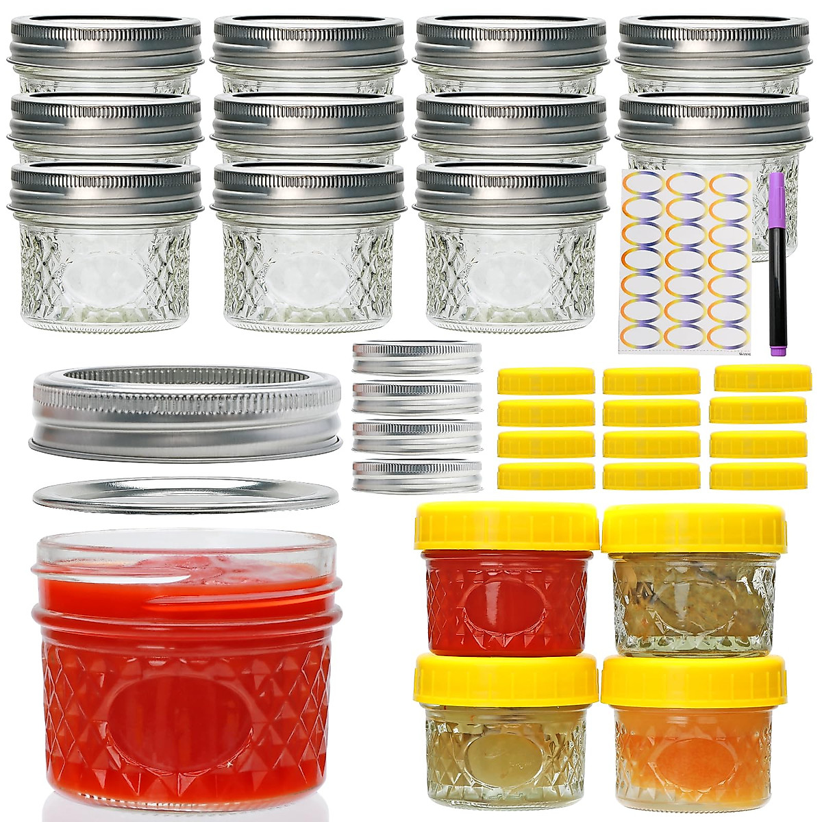 Datttcc 4 oz Mason Jars, Mini Glass Jars, Small Mason Jars with Silver and Yellow Lids for Honey, Jams, Seasonings, for Kitchen, Bathroom, Gift Giving, Pack of 16