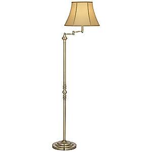 Regency Hill Montebello Traditional Adjustable Swing Arm Floor Lamp Standing 60" Tall Antique Brass Metal Column Golden Tan Bell Shade for Living Room Reading House Family Bedroom Home