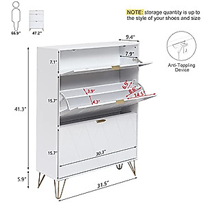 UEV Shoe Cabinet,Freestanding Shoe Rack Storage Organizer with Drawers & Metal Legs,Modern Shoe Storage Cabinet with 3 Flip Drawers for Entryway (White)