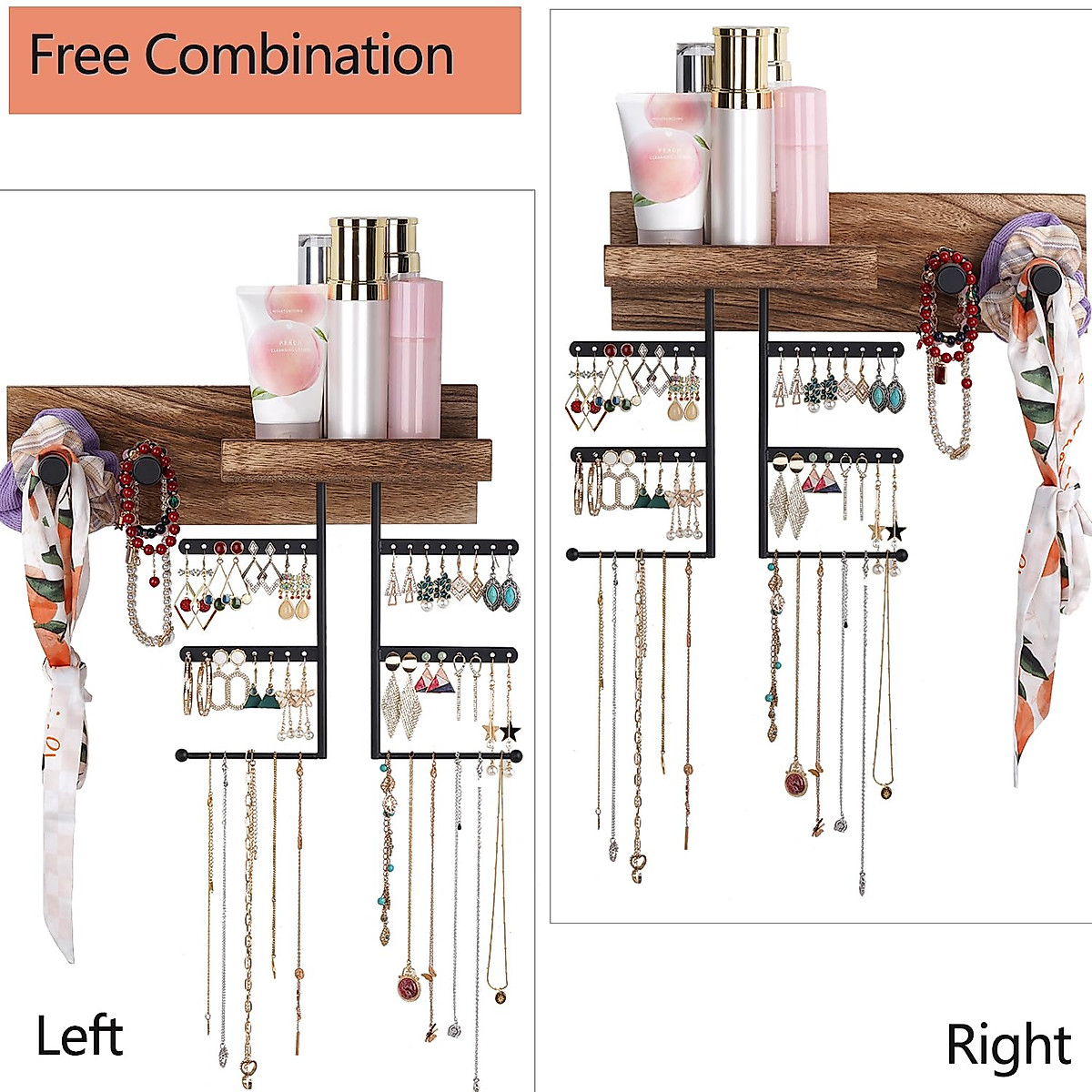 Kadolina Hanging Jewelry Organizer Wall Mount Jewelry Organizer with Bracelet Holder, Easy Install Free Combination Jewelry Organizer for Necklaces Earrings Bracelet (Carbonized Black)