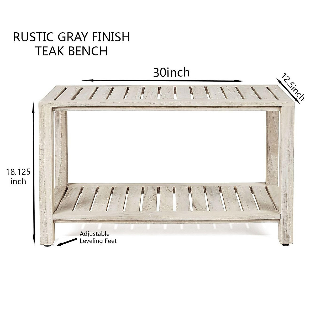 TeakCraft Teak Gray Shower Bench with Shelf 30 Inch for Bathroom, Spa - Fully Assembled, Shower Stool, Rustic Gray Finish The Ricina