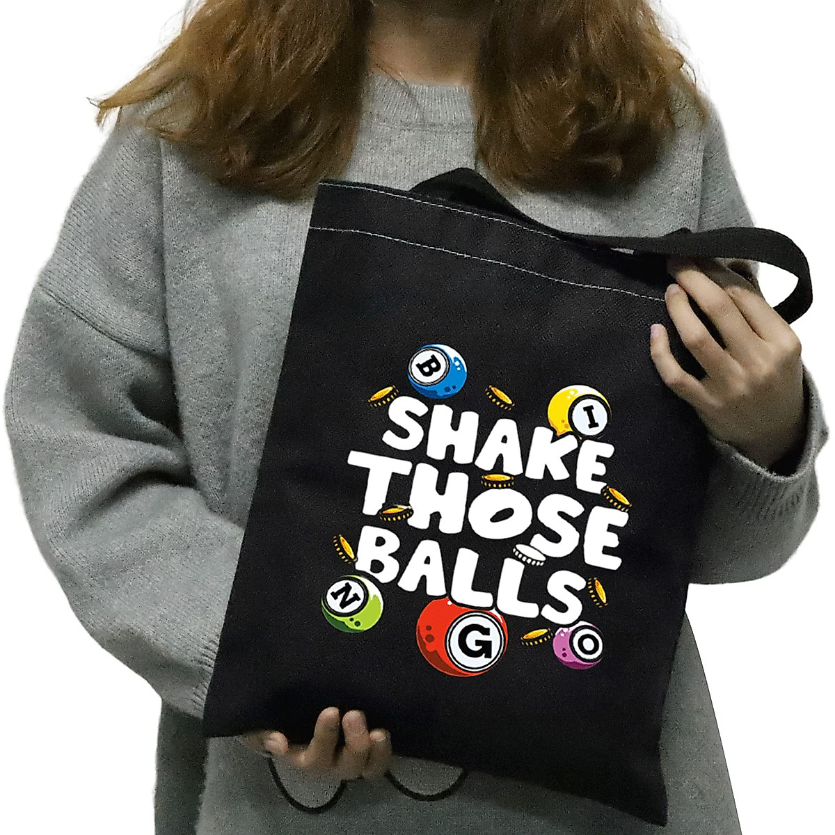 JXGZSO Bingo Gambler Gift Shake Those Balls Tote Bag Lucky Bingo Pouch Bag Bingo Game Lover Gift (Shake those balls shopping black)
