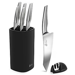 DDF iohEF Kitchen Knife Set with Block, 7 Piece Premium High Carbon Stainless Steel Knives Set with Knife Sharpener, Ultra Sharp Knife Block Set