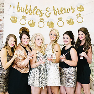 Sursurprise Gold Glitter Bubbles & Brews Banner, Beer Diamond Ring Garland, Bubbly Bar Sign for Funny Engagement Party Decorations Bridal Shower Wedding Bachelorette Supplies