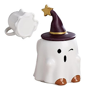 ALASSE Halloween Mug, Hat Ghost Drinking Cup, Spooky Mug, Cute Ceramic Ghost Mug with Lid, Novelty Coffee Mugs, White Coffee Mug Decor for Halloween Table Centerpieces, Mug for Child