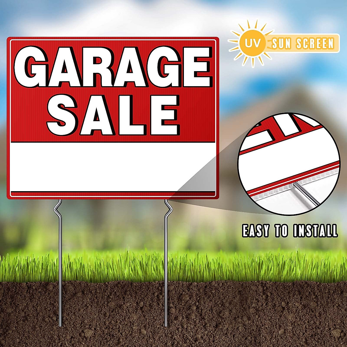 Garage Sale Sign, 17" x 13" ，Garage Sale Sign with Stakes Double-Sided, Garage Sale Sign with Arrow Stickers, Garage Sale Signs with Metal Stakes,WEATHER-PROOF, (3 Pack)