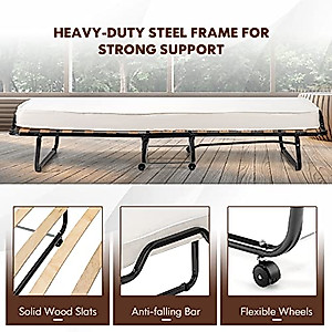 GOFLAME Folding Bed with Memory Foam Mattress, Portable Rollaway Guest Bed with Heavy-Duty Steel Frame & Rolling Casters, Sleeper Bed Cot Size for Adults & Kids, Dustproof Cover Included