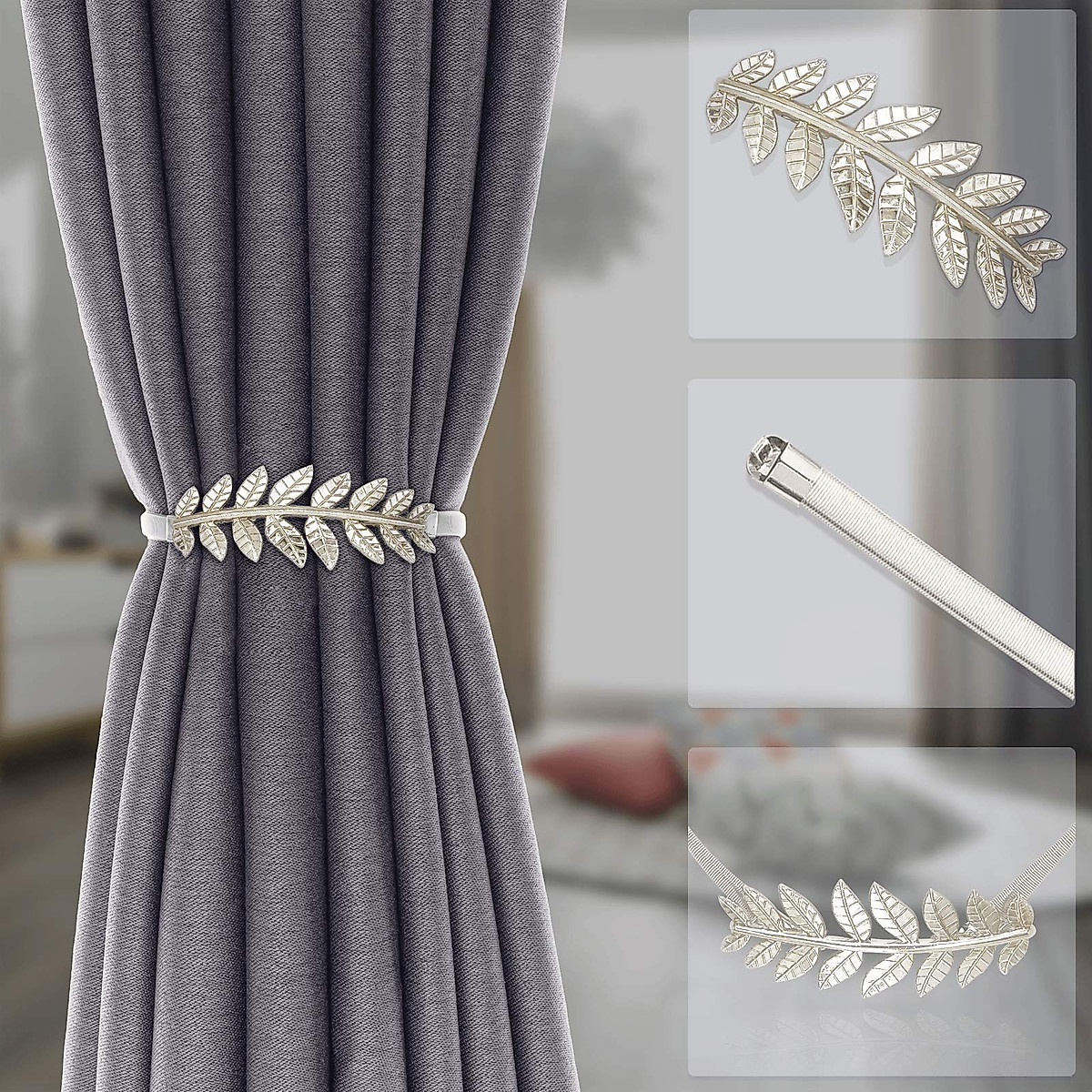 4Pack Aluminum Alloy Spring Design Curtain Tiebacks - Leaf Carving Design Curtain Ties for Drapes - Modern Style Holdbacks (Silver Leaf)