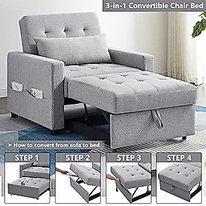 Setawix Convertible Chair Bed 3-in-1, Multi-Functional Sleeper Sofa Chair with Adjustable Backrest, Single Sofa Chair with Side Pocket and Pull Out Bed, Folding Recliner Chair (Linen, Grey)