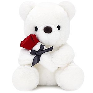 9.8'' Teddy Bear with Rose, Soft Plush Bear Doll Stuffed Animal Toys Valentines Day Decor Gifts for Her/Girlfriend Lover Mom Kids (White)