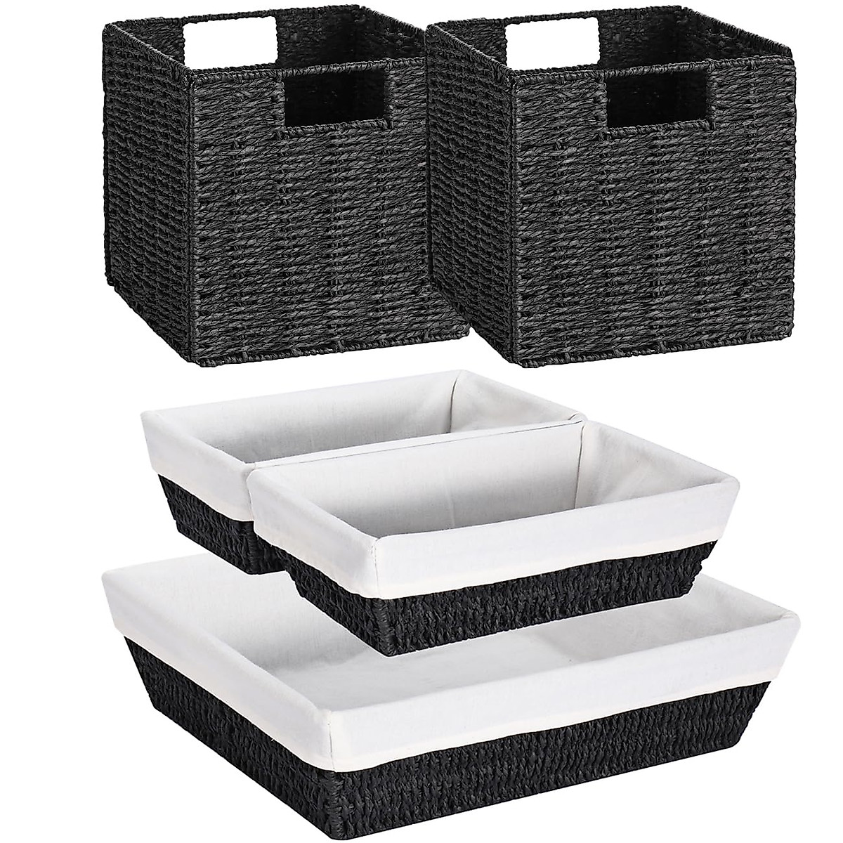 Vagusicc Storage Basket, Set of 2 Foldable Cube Hand-Woven Paper Rope Wicker Baskets 11 inches + Set of 3 Woven Paper Rope Wicker Handles Baskets for Storage with Liners