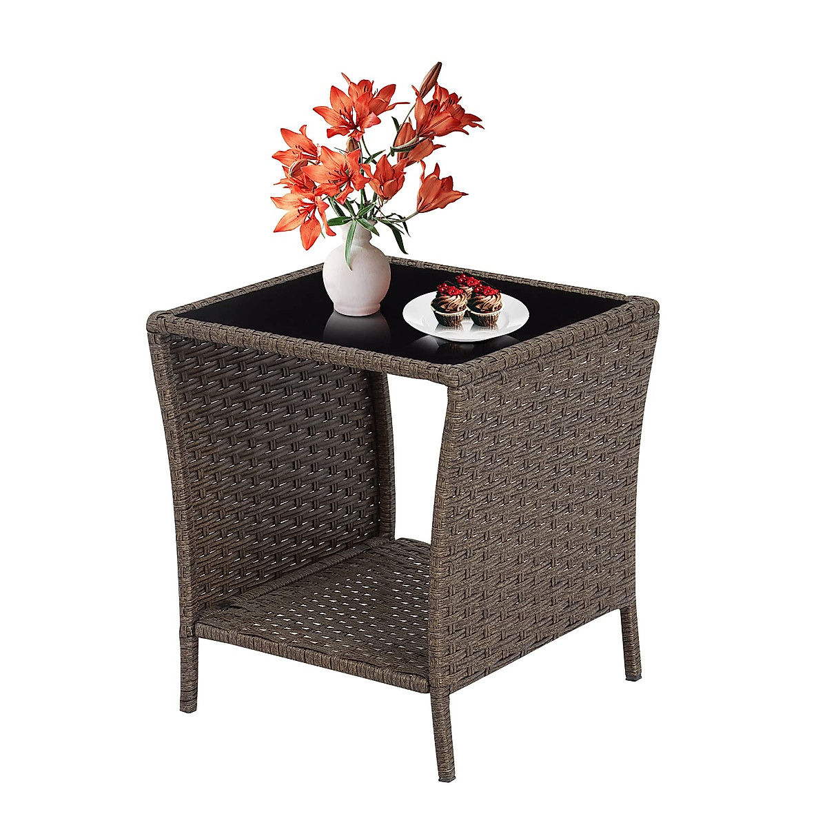 Elepude Outdoor Side Table Wicker Rattan Side Tables, End Table for Patio with Glass Top Rattan Storage for Patio Courtyard Balcony