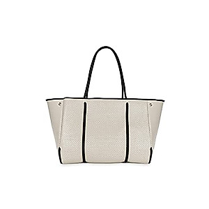 Haute Shore - Greyson Roma Neoprene Tote Bag w/Zipper Wristlet Inside, Beige W/Olive, Black, & Red Stripe