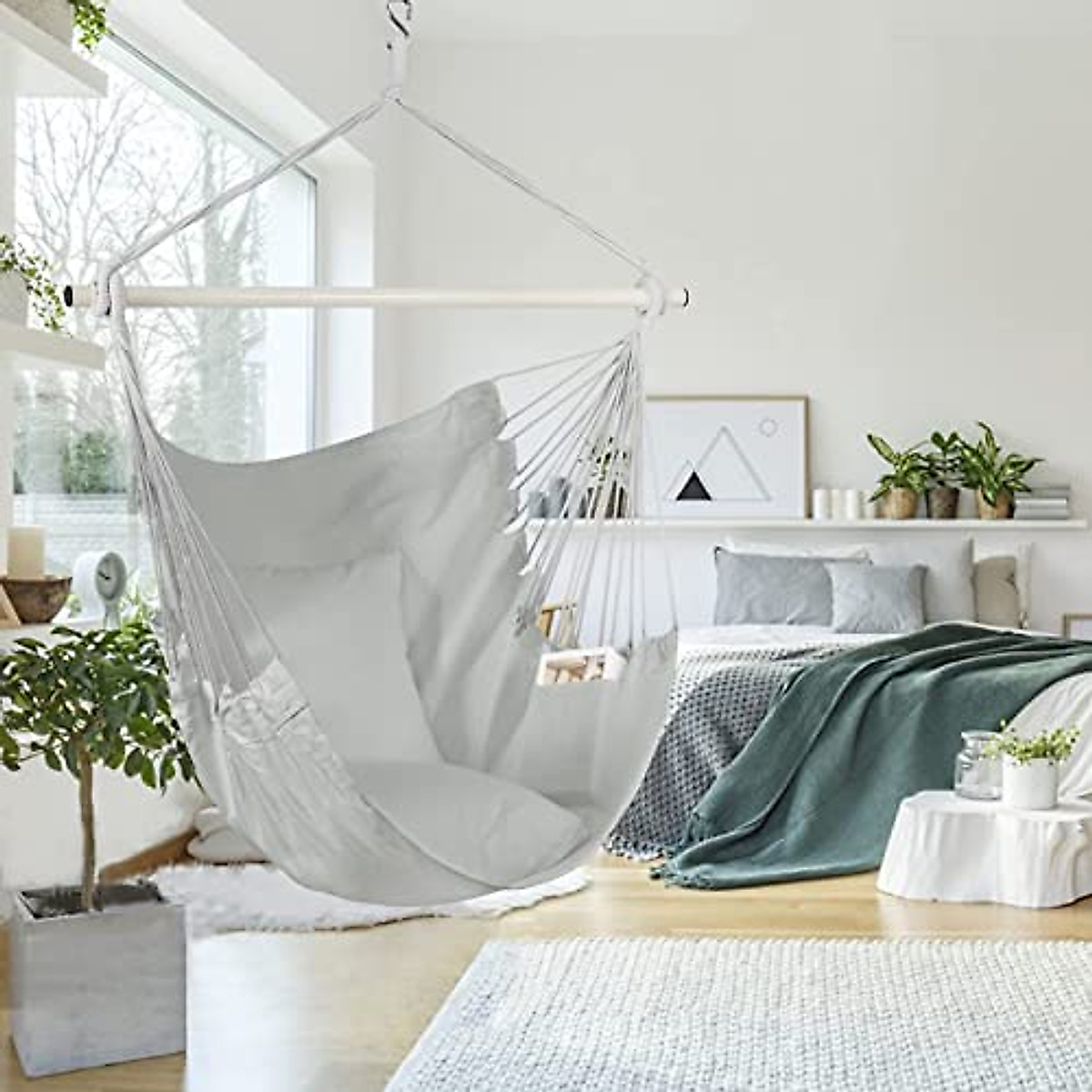 Jelofly Hammock Chair Oversized Hanging Rope Swing Seat Chair with Pocket Max 350 Lbs Superior Comfortable for Indoor Outdoor Home Bedroom Garden, Seat Cushions Not Included (Light Grey)