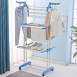 Fairnull [US Warehouse] Clothes Drying Rack, 4-Tier Oversize Clothes Drying Rack Collapsible, Stainless Steel Laundry Garment Dryer Stand Free-Standing Laundry Stand for Towels, Clothes, Shoes (Blue)