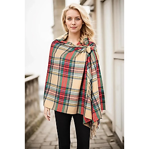 Achillea Long & Wide Scottish Tartan Plaid Large Cashmere Feel Blanket Scarf Check Shawl Wrap 80" x 29" (Khaki Tartan)