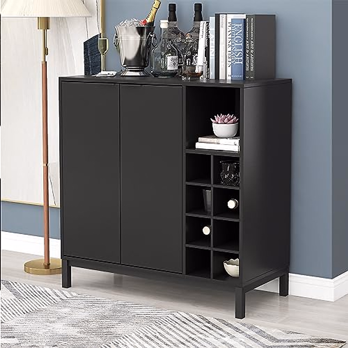 Ufyerutg Designs Bar Cabinets, Sideboards and Buffets with Storage Coffee Bar Cabinet, Wine Racks Storage Server Dining Room Console (Black, 34 Inch)