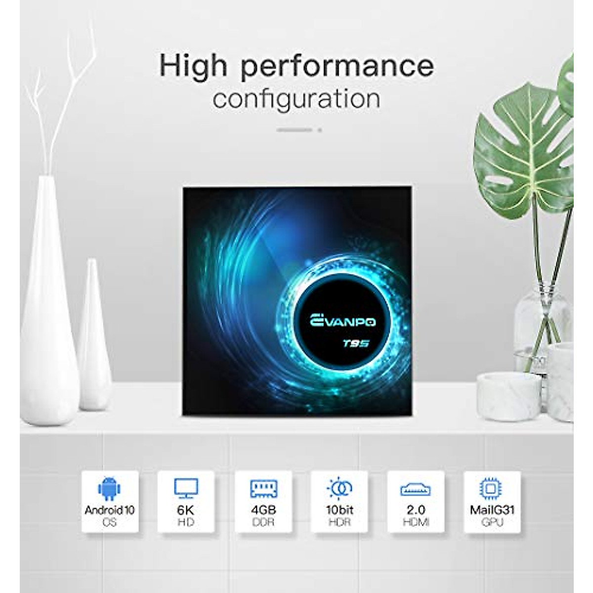 Android 10.0 TV Box Smart Android TV Box Media Player Quad-Core 4GB RAM 64GB ROM Support 2.4G WiFi/H.265/ USB 2.0/ 100M LAN/ 3D 6K Ultra HD