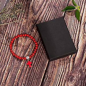Softones 6mm Bead Cross Pendant Bracelet for Women Healing Stone Stretch Prayer Bracelet for Boy Girls,with Gift Box, Red Turquoise, 7 5 inch