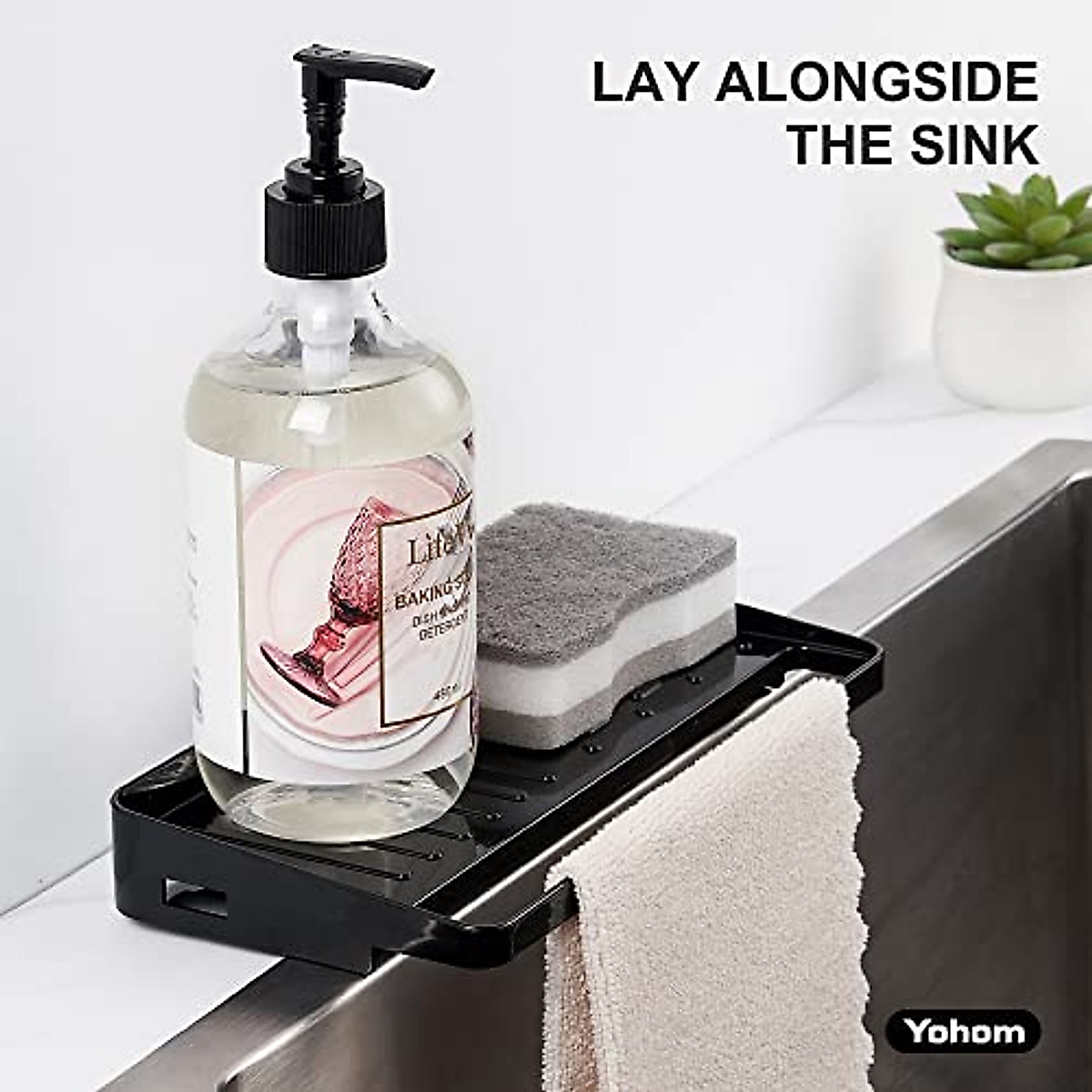 YOHOM Black Suction Cup Sponge Holder for Kitchen 2-in-1 in Sink Dish Rag Holder for Undermount Sink Plastic Scrubber Sponge Tray Organizer, Installation Size 9.06" L x 3.15" W